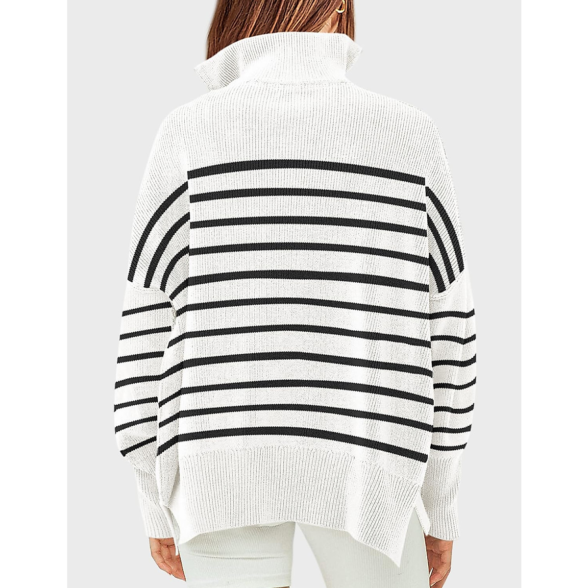 ZESICA Women's Striped Sweaters Half Zipper Long Sleeve Ribbed Knit Loose Oversized Pullover Sweater Tops,White,Small