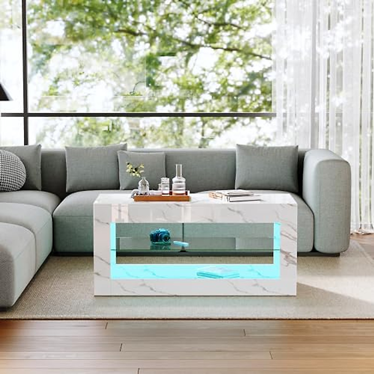 Coffee Tables for Living Room, Modern High Gloss Marble Print Center Table with Glass Open Storage and LED Lights - Stylish Home Decor for Coffee and More, White with Gloss