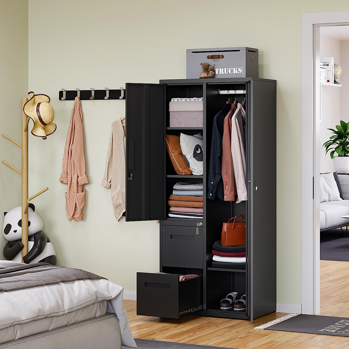 PEUKC Metal Storage Cabinets with Locking Doors, 67" Freestanding Clothing Coat Storage Wardrobe Lockers for Office, Home, School, Garage, Gym (Black)