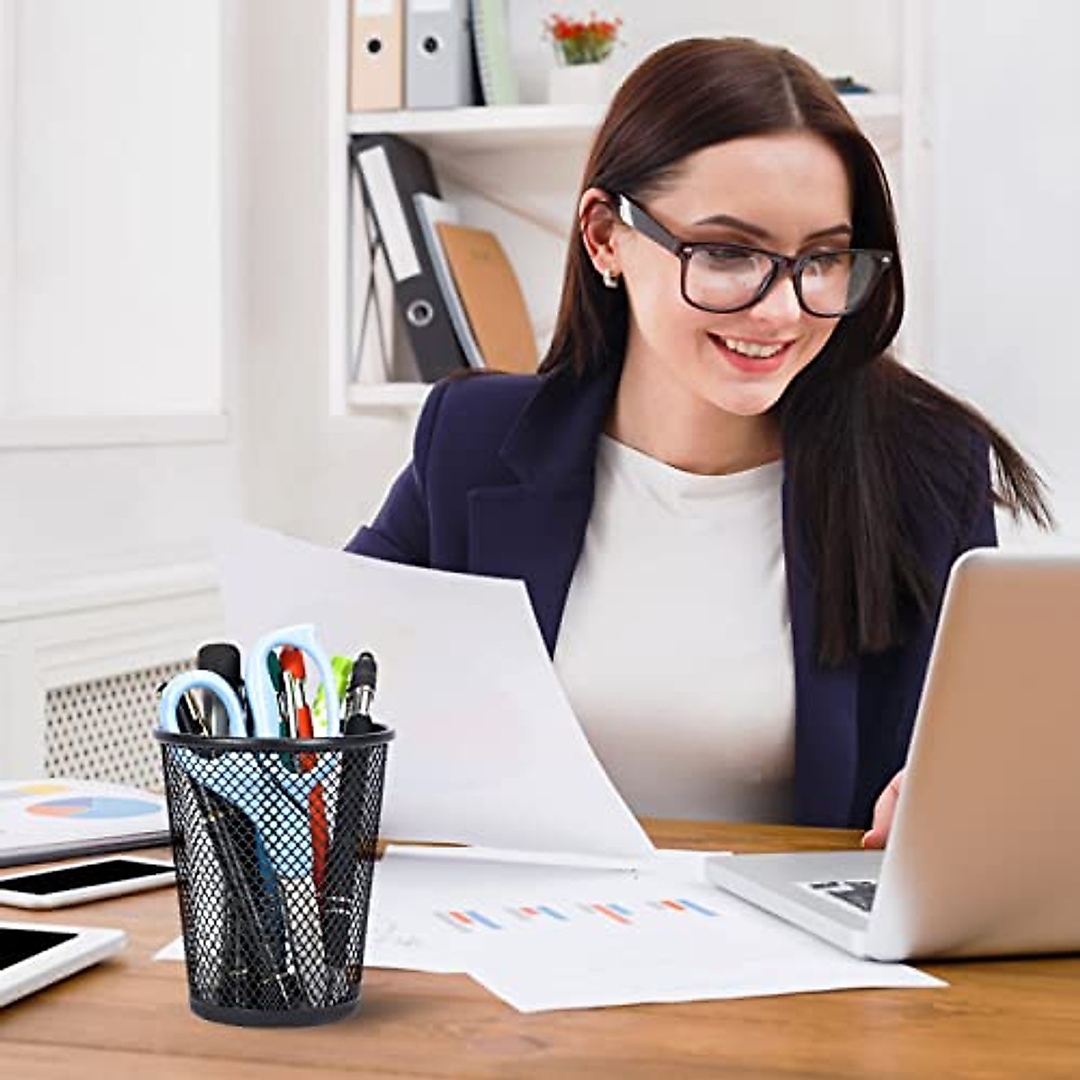 Mesh Pen Holder 4 Pcs for Desk Cute Black Pencil Holder for Desk Accessories and Organizer for Office Home and School Desks - Table Top Cute Desk Accessory