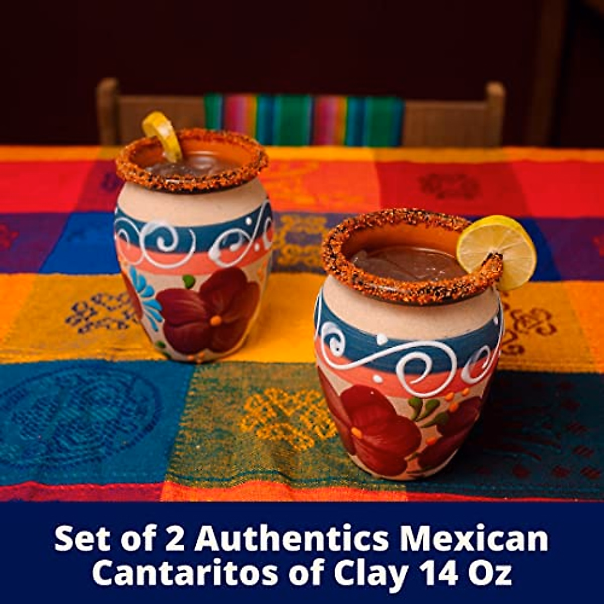 Cantaritos de Barro Jarritos Mexicanos - Set of 2 Authentic Mexican Glazed Clay Mugs 14 Oz For Drink Margaritas & Tequila Special For Taco Tuesda & Mexican Parties (Navy Blue Rim Flowers Desing)