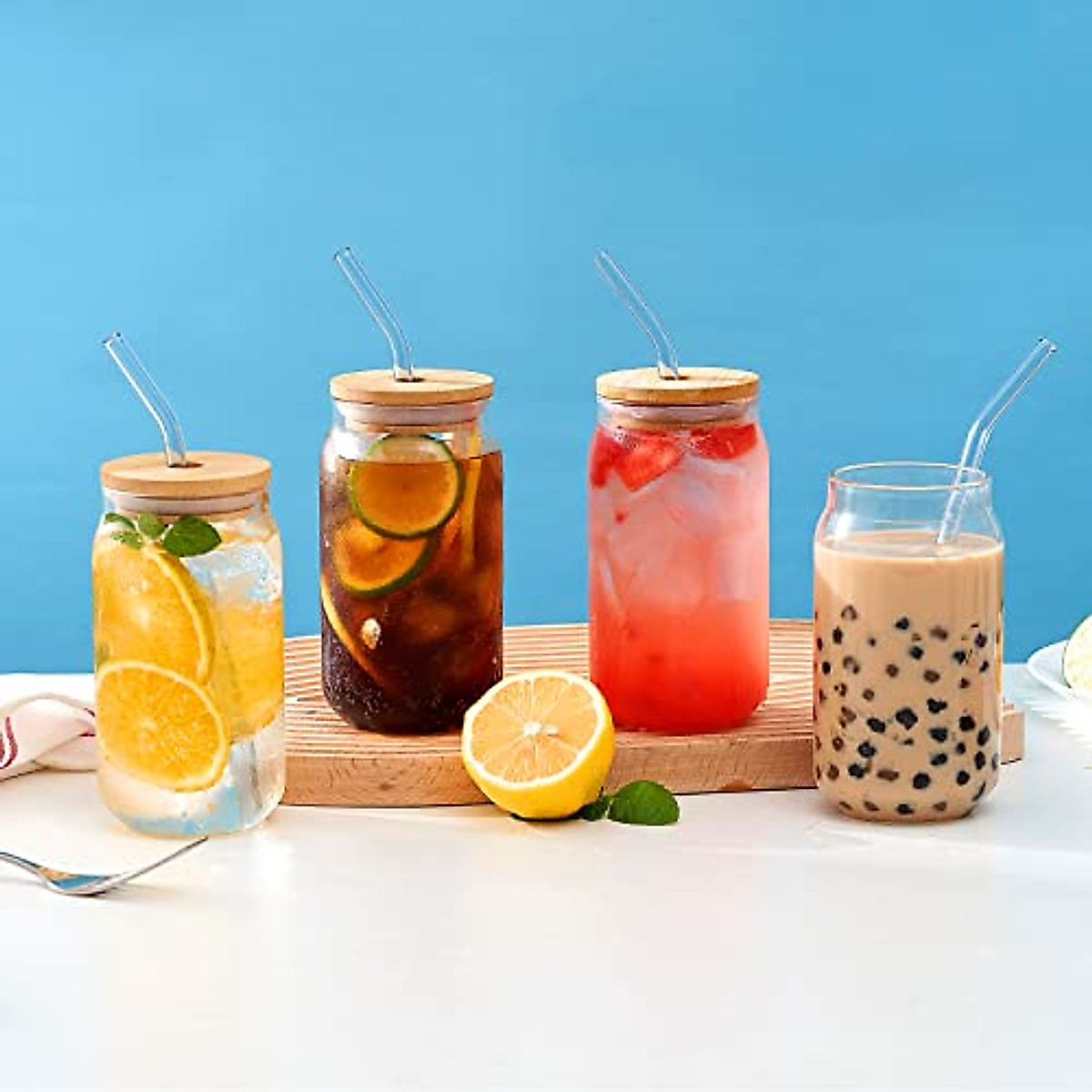 Newsphere Drinking Glasses with Bamboo Lids and Glass Straw 4pcs 16oz Beer Cup Glass Set, Cocktail Glasses, Iced Tea Glasses, Iced Coffee Glasses, Soda Glass Tumbler, Blue
