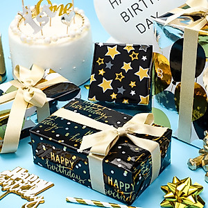 LeZakaa Birthday Wrapping Paper Roll - Mini Roll - Metallic Foil with Balloon, Star and Happy Birthday Lettering - 17 x 120 inches, 3 Rolls (42.5 sq.ft.ttl.)