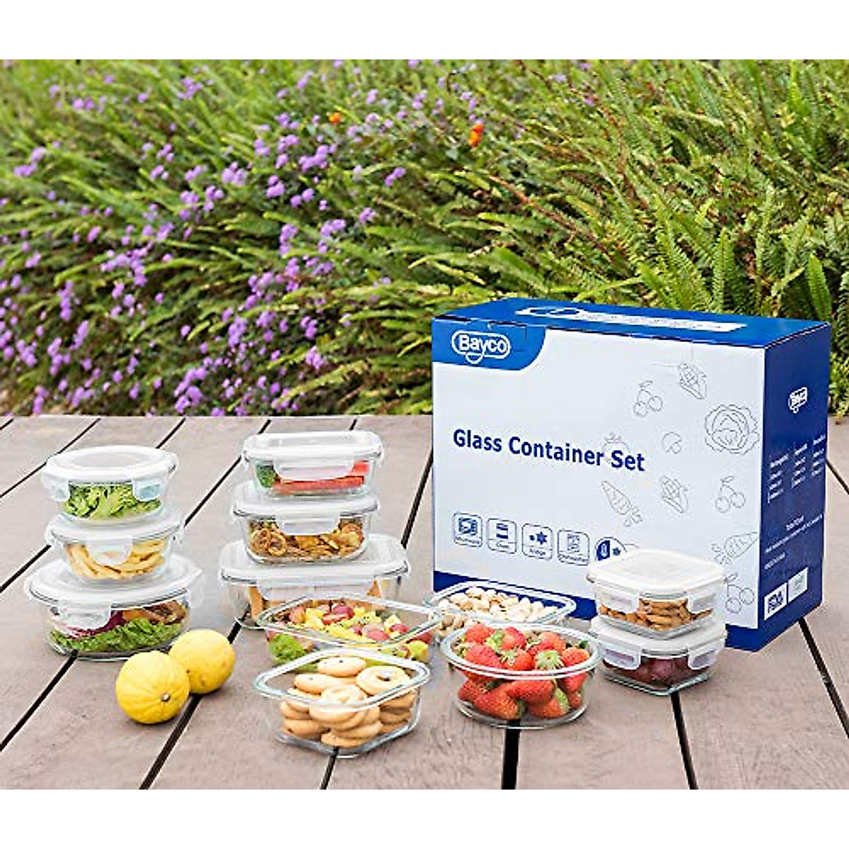 Bayco 24 Piece Glass Food Storage Containers with Lids, Glass Meal Prep Containers, Airtight Glass Lunch Bento Boxes, BPA Free & Leak Proof (12 lids & 12 Containers) - White