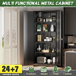 Greenvelly Metal Storage Cabinet, 72" x 32" x 16", Black Metal Cabinet with 2 Doors and 4 Adjustable Shelves, Locking Cabinet for Garage, Office, Home