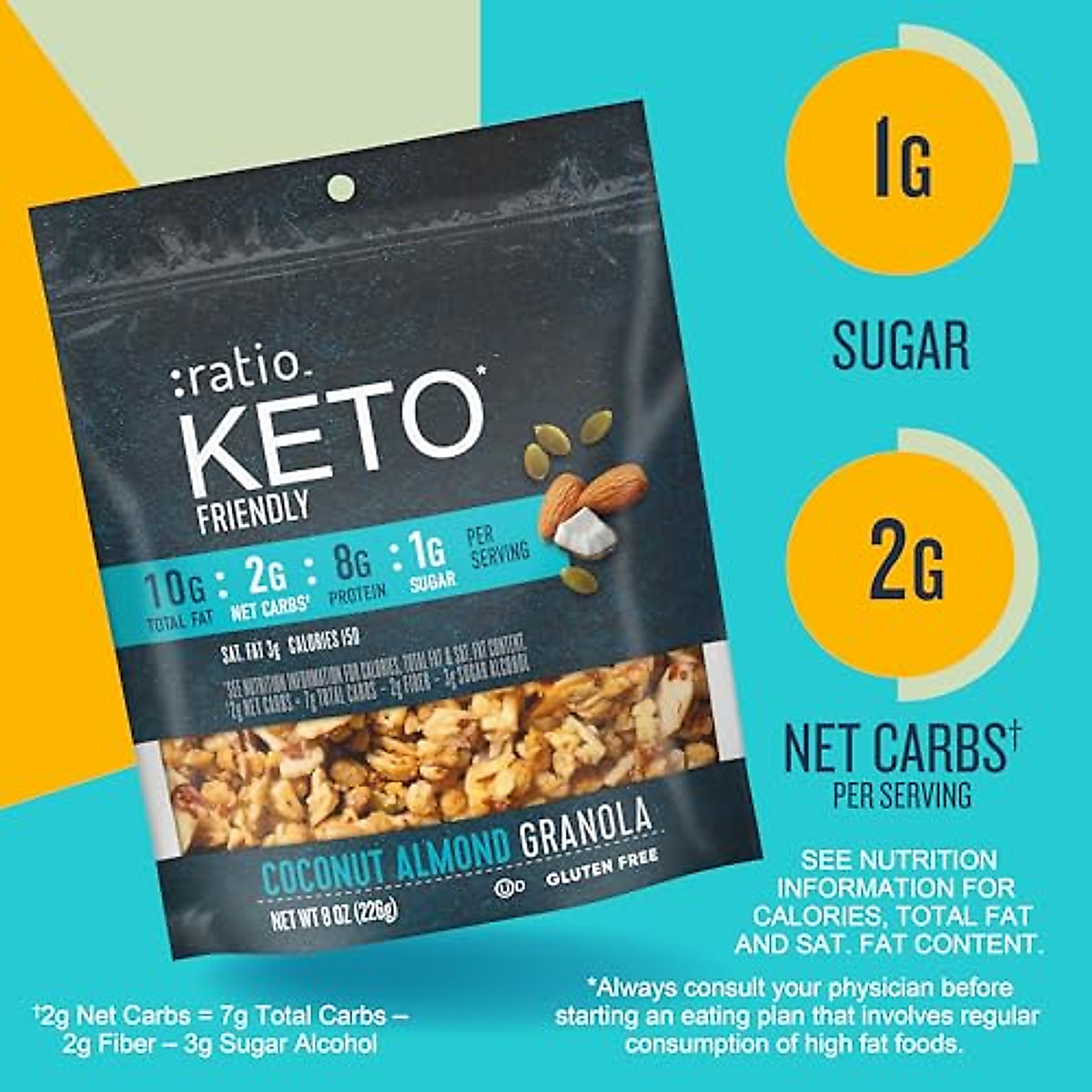 Ratio Coconut Almond Granola Cereal, 1g Sugar, Keto Friendly, 8 OZ Resealable Cereal Bag