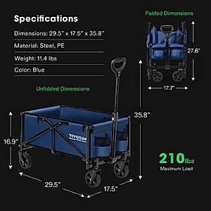 VIVOSUN Collapsible Folding Wagon, Outdoor Utility with All-Terrain Wheels, Adjustable Handle, Cup Holders & Side Pockets, for Camping, Shopping, Garden, 210Lbs Capacity, Blue