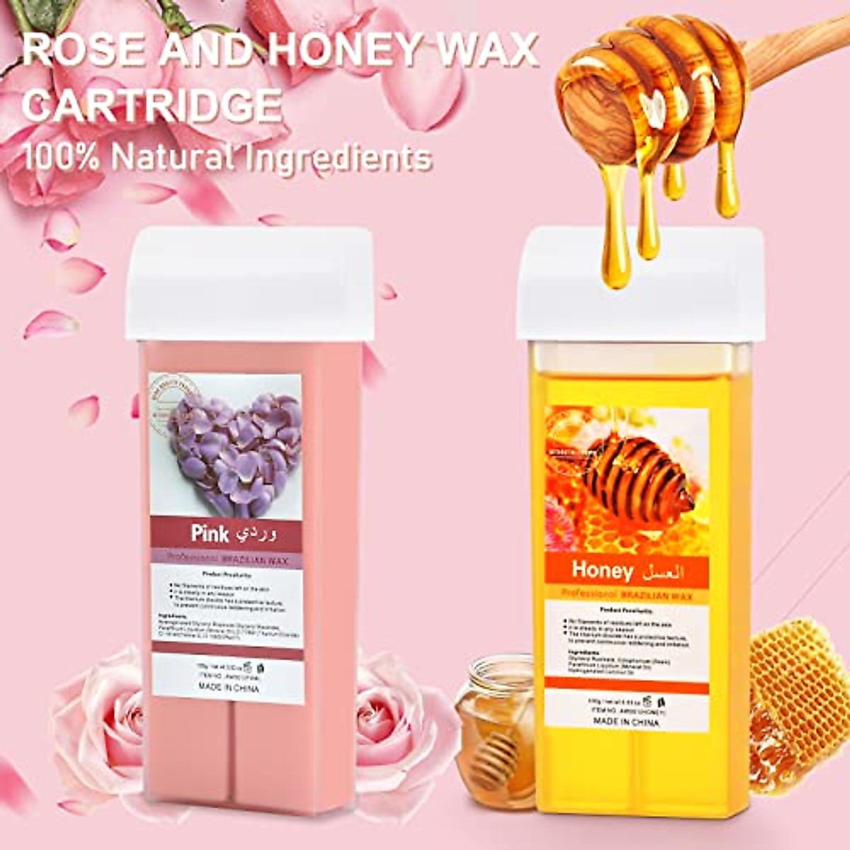 Roll On Waxing Kit, Depilatory Roll On Wax Warmer for Hair Removal with 2 Tea Tree Cartridge Refill 10 Wax-removing Wipes and 100pcs Wax Strips, (Pink) (Pink)