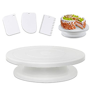 Suuker 11 Inch Rotating Cake Turntable,Professional Plastic Revolving Cake Stand with 3 Cake Scrapers for Pastries,Cupcakes and Cake Decorations,Baking Cake Decorating Kits Supplies(White)