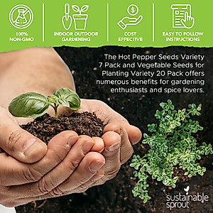 Sustainable Sprout Hot Pepper & Vegetable Seeds Bundle - Non GMO Hot Pepper Seeds 7 Pack and 20 Variety Pack Vegetable Seeds for Planting - Heirloom Variety Seed Packets For Indoor & Outdoor Gardening