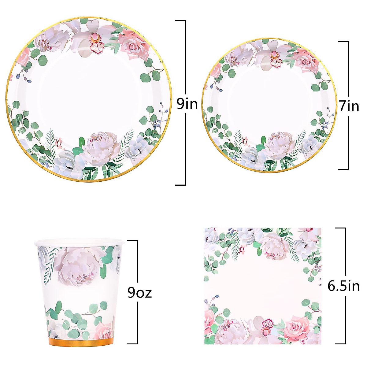 Floral Party Decorations Bridal Shower Plates and Napkins Sets for 24 Guest-Tea Party Themed Decorations,Floral Party Paper Plates,Cups,Nakpins for Baby Shower,Birthday,Wedding Tea Party Supplies