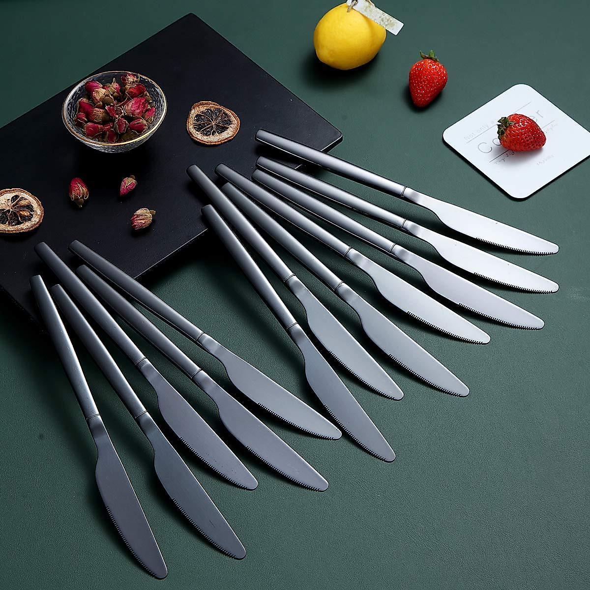 Berglander Black Dinner Knives Set Of 12, Titanium Shiny Black Plating Stainless Steel Dinner Knife, Butter Knife Table Knives Dishwasher Safe