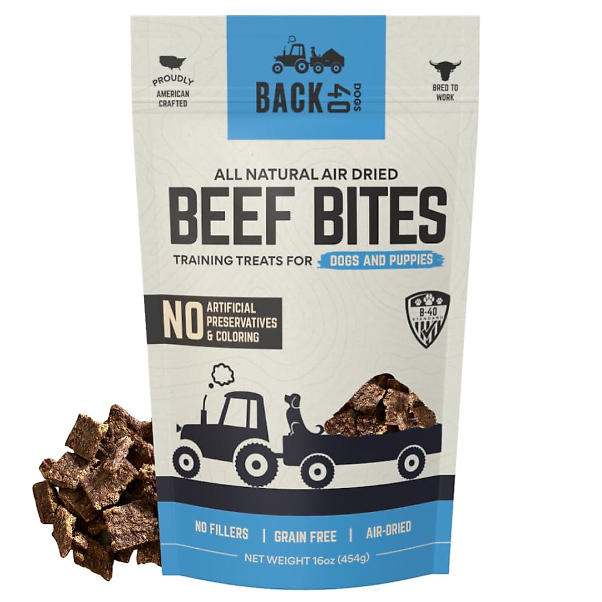 Back 40 Dogs Beef Bites - All Natural Premium Air Dried Dog Training Treats - Free Range Beef, Real Meat - High Protein Dog Food Toppers & Dog Treat - Puppy Essentials, Made in USA - 16oz