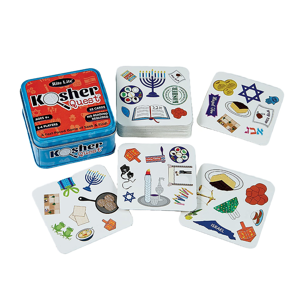 Kosher Quest Card Game by Rite Lite - Fun Seek & Find Jewish Holiday Game for Kids Ages 4+ - Includes 55 Illustrated Cards - 2-4 Players - No Reading Required - Perfect for Hanukkah Family Gatherings