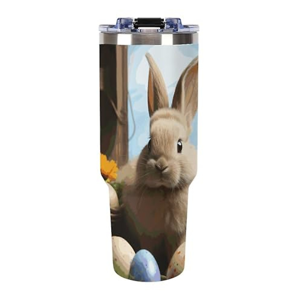 40 Oz Vacuum Tumbler with Light Rose Red Handle Leakproof Insulated Tumbler Easter Rabbit And Easter Eggs Stainless Steel Travel Mug with Lid And Straw Coffee Cup Cute Water Bottles Cup Holder Friendl