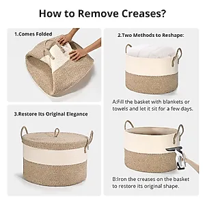 noonkty Blanket Basket, 21.7"X21.7"X13.8" Cotton Rope Basket, XXL Large Basket with Handle, Blanket Basket Living Room, Stuffed Toy Basket, Laundry Basket, Storage for Towels Pillow, Brown (with Lid)