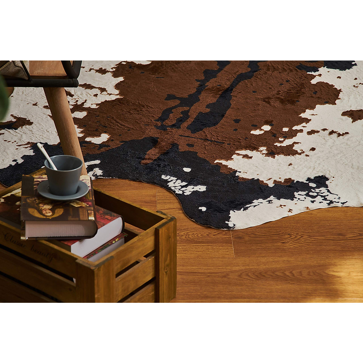 NativeSkins Faux Cowhide Rug (4.6ft x 5.2ft) - Cow Print Area Rug for a Western Boho Decor - Synthetic, Cruelty-Free Animal Hide Carpet with No-Slip Backing, Cow Print Rug