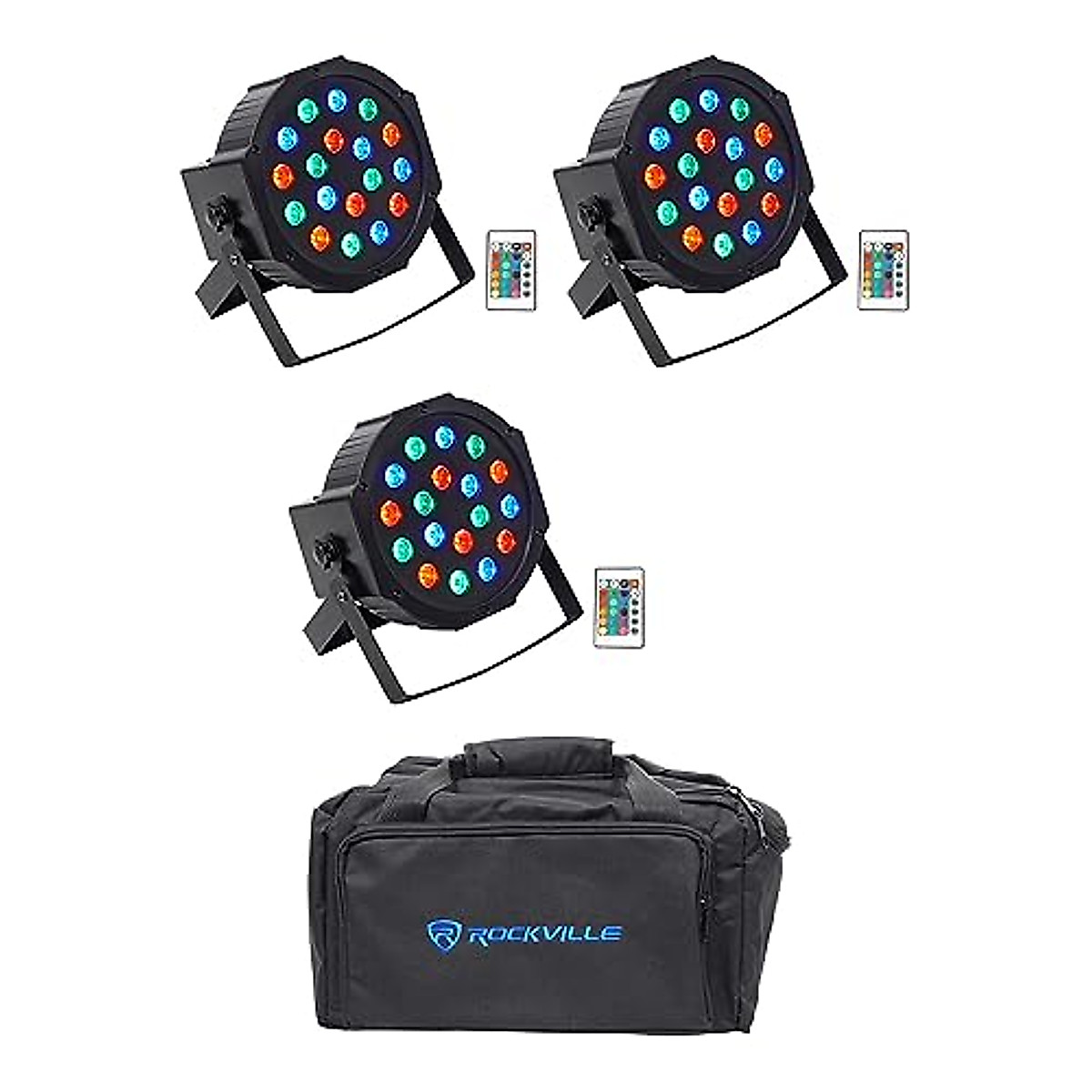 (3) Rockville BATTERY PAR 50 Rechargeable LED DMX DJ Wash Up-Lights+Remotes+Bag