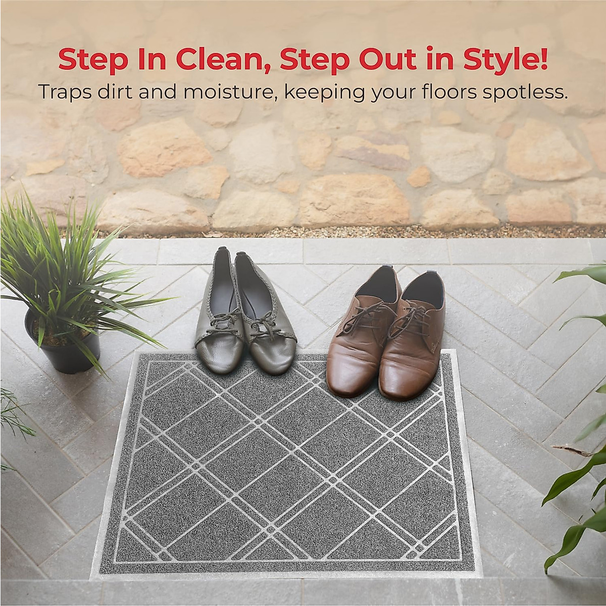 SlipToGrip Universal Door Mat, Plaid Design - Grey, 42 x 35 - Anti Slip, Durable & Washable, Outdoor & Indoor Floor Welcome Mat Door Mat Entry -Rug for Garage, Patio, Front Door, Dust Absorbent