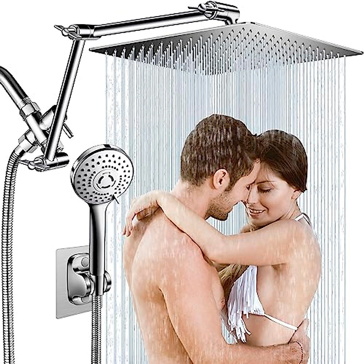 12'' Rain Shower Head Combo, High Pressure Rainfall Shower Head with 16'' Flexible Adjustment of Height/Angle Upgraded Extension Arm and 5 Setting Spray Handheld Shower Head, Anti-leak (Chrome)