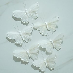 White Butterfly Stickers for Walls: 6pcs 3D Feather Butterflies Wall Decor with Pearls Glitters for Girls Bedroom Baby Shower Wedding Cake Office Decor Decorative Butterfly Wall Decals for Bathroom