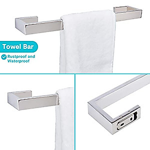 TocTen 24 Inch Bath Towel Rack + 4-Pcs Bathroom Hardware Set Stainless Steel Square Towel Rack Set - Include 16 Inch Towel Bar, Hand Towel Holder, Toilet Paper Holder, Robe Hook(Polish Chrome)