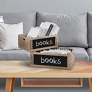 MyGift Rustic Brown Wood Crate with Chalkboard Label, Decorative Storage Bin Wooden Crates with Erasable Chalk Front Panel and Cut Out Handles, Set of 2