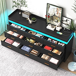 jiteentarou 9 Drawer Dresser with Charging Station and LED Lights, Modern Chest of Drawers with Power Outlet, Organizer Cabinet for Bedroom, Living Room, Entryway, Black