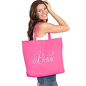 Bride Wedding Tote Bag - Rhinestone Flirty Bride Tote - 18" x 14" Premium Quality Bachelorette Party Gift Bag - Hot Pink