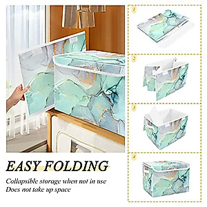 Kigai Abstract Marble Print Aqua Storage Basket with Lid Collapsible Storage Bin Fabric Box Closet Organizer for Home Bedroom Office 1 Pack