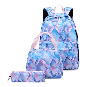ZHIERNA Kids Backpack For Girls Teen ,3Pcs Set Cute elementary school Bag, 15.6in Laptop Daypack Bookbags With USB Charging Port … (Blue)