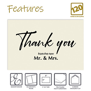 Better Office Products 120 Pack Wedding Thank You Cards with Envelopes, Thank You Cards From The New Mr and Mrs, 4 x 6 Inch, Blank Cards, Wedding Thank You Notes, 120 Count Boxed Set