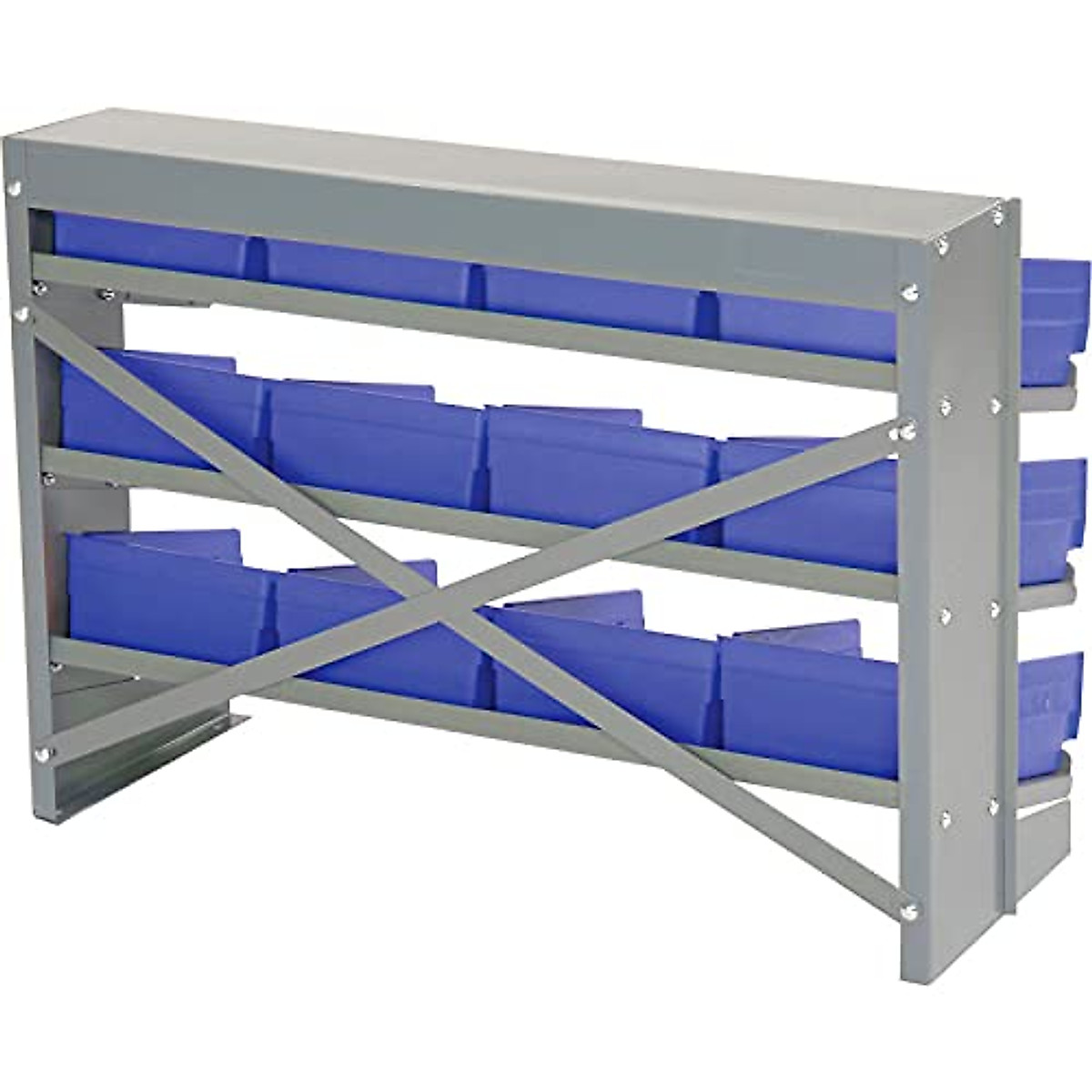 Global Industrial 3 Shelf Bench Rack, (12) 8" W Blue Bins, 33x12x21