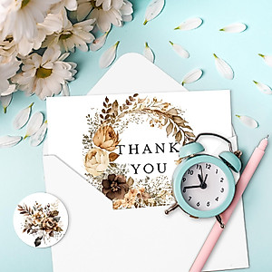 AnyDesign 36 Pack Fall Thank You Cards Bulk Vintage Brown Floral Greeting Cards with Envelopes Stickers Retro Flower Leaves Blank Note Cards for Fall Wedding Baby Shower Birthday, 6 Design