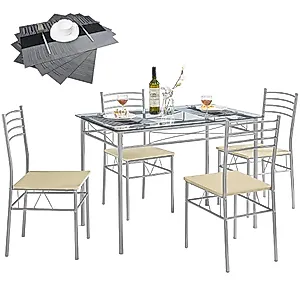 VECELO Dining Table with 4 Chairs [4 Placemats Included-] Silver X-Large