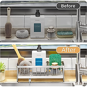 DMJWAN Kitchen Sink Caddy Sponge Holder Sink Caddy Organizer, 304 Stainless Steel Holder for Sink,Countertop with Removable Drain Tray with Diversion Drainage