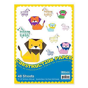 BAZIC Construction Paper Pad 48 Sheets 9" X 12", Assorted Colors, for Fold Cut Glue, Gift for Toddler Kids Classrooms School Home DIY, 1-Pack