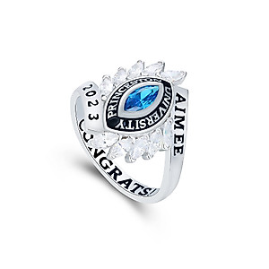 JNJ Women's Class Ring, personalized for high school and college graduates, Sterling Silver, Birthstone, Original design, Marquise Styles-Jour Nouveau Jewelry (Platinum)