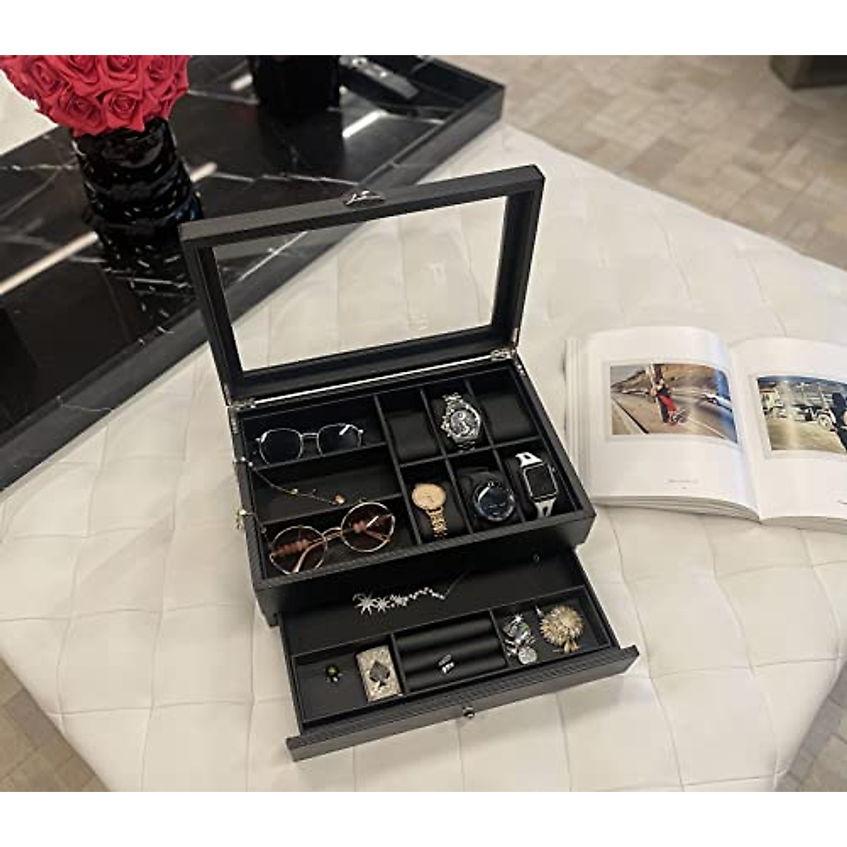 HAUTEROW Watch Box Organizer For Men Jewelry Box, Watch Case Sunglass Organizer Valet Tray Mens Jewelry Organizer Holds 6 Watches 3 Sunglasses