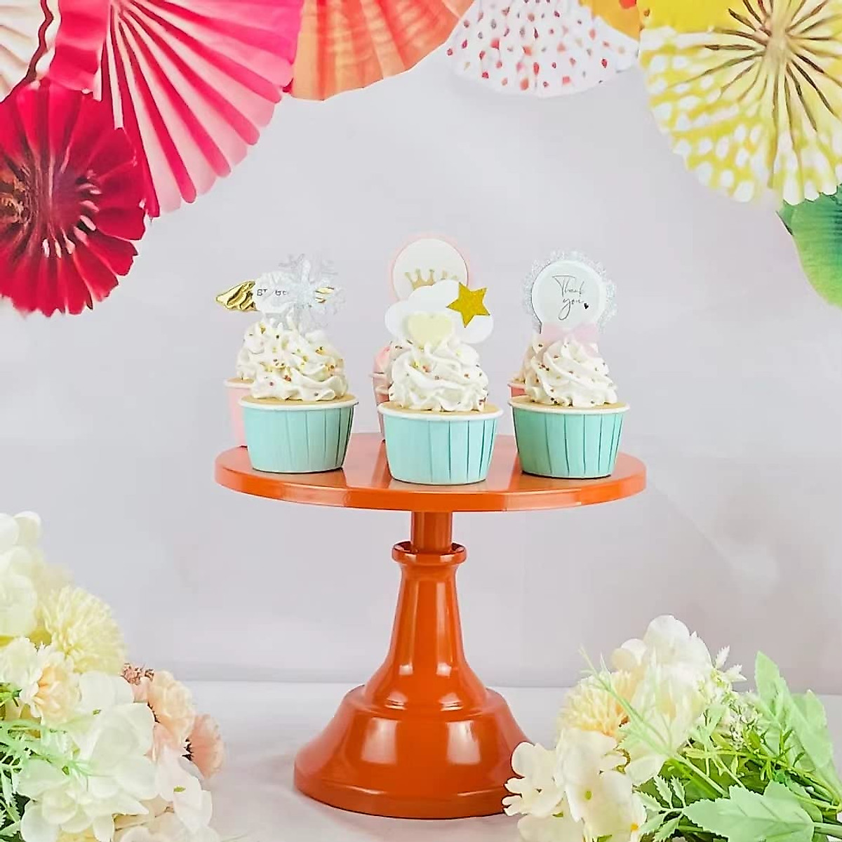 KERYNICE 3 Piece Orange Cake Stands Set Metal Cupcake Pedestal Table Dessert Display Stand with Tall Base Decoration Serving Platter for Baby Shower Wedding Birthday Parties Celebration