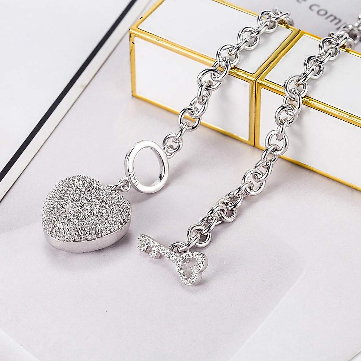 Dankadi New Women's 925 Sterling Silver Necklace Noble Heart Pendant Necklace Solid Silver Rolo Chain 17-19'' Birthday Party Jewelry Necklace Accessories (20)