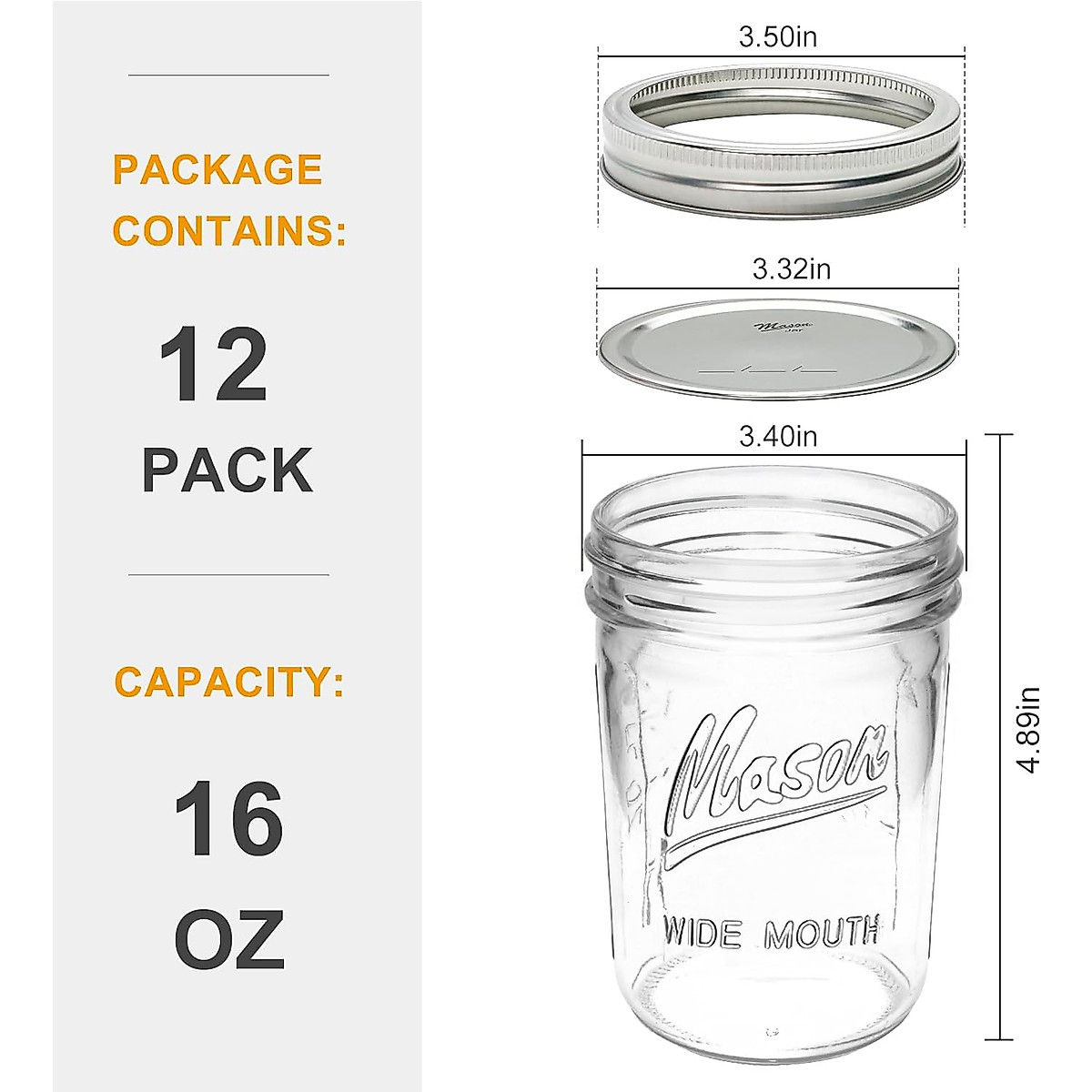 [12 pcs]16 oz Mason Jars,Glass Jars with Lids, Airtight Canning Jars, Wide Mouth Mason Jars. Airtight Container For Jams, Honey, Spices,Pickles, Home Decor,Overnight Oats,Fruit Preserves