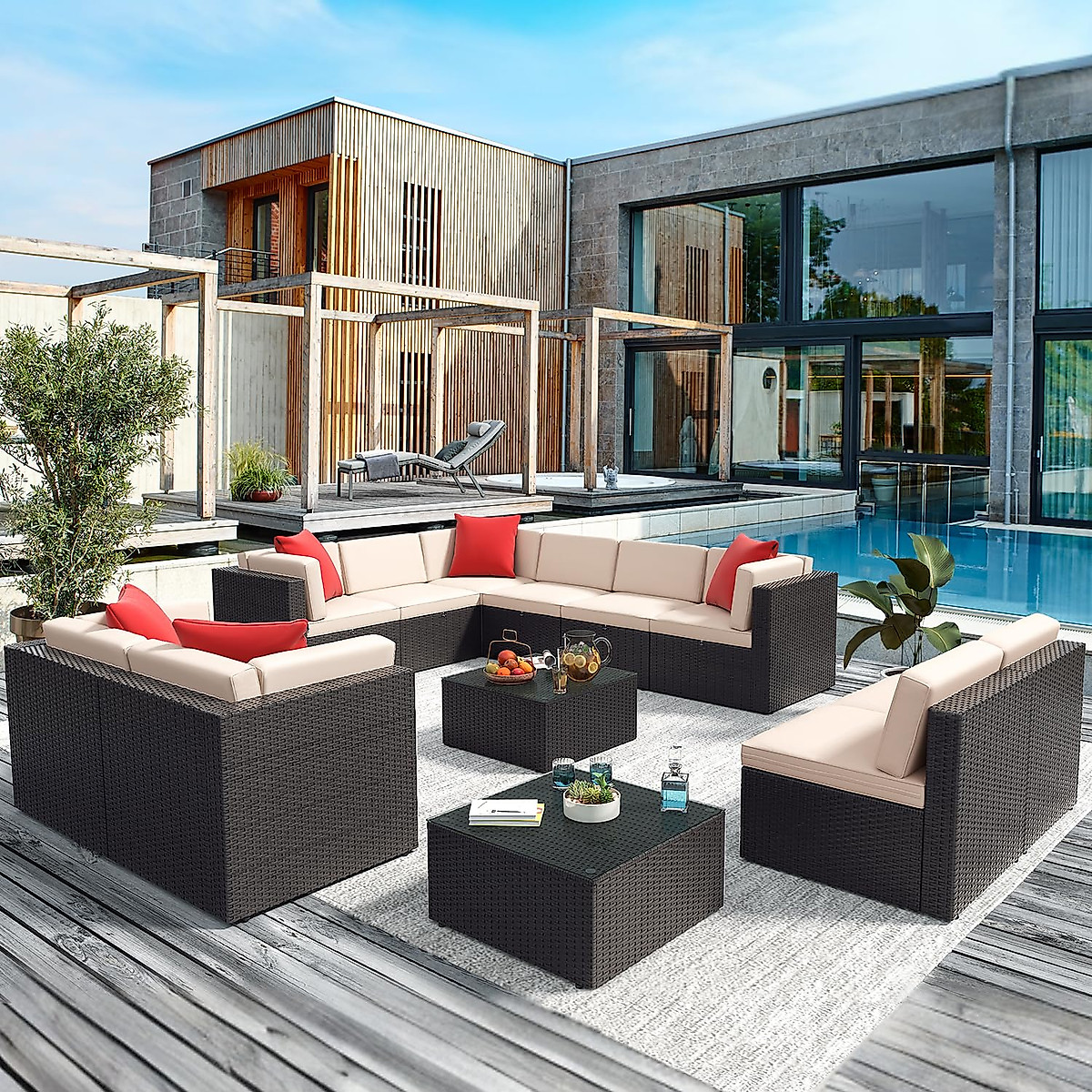 Greesum Patio Furniture Sets 12-Pieces Outdoor PE Rattan Sectional Sofa with Thickened Cushions and Glass Coffee Table, Beige