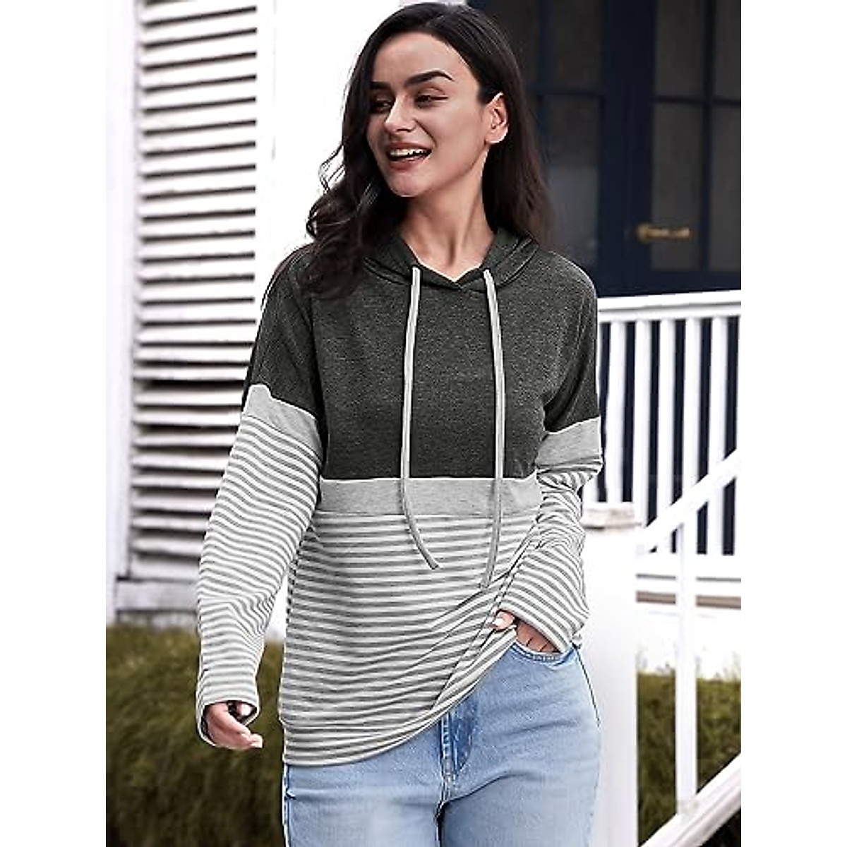 Butgood Women's Color Block Hoodies Fall Long Sleeve Sweatshirt Casual Drawstring Pullover Tops Striped Tunic Shirts Dark Grey