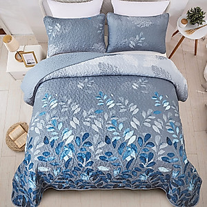 WONGS BEDDING Blue Floral Quilt Set California King, 3 Pieces Botancal Leaves Bedspread Coverlet Set with 2 Pillowcases for All Season, Soft Microfiber Floral Bedding Set 106"×96"