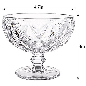Lawei Set of 6 Glass Dessert Bowls, 10 Oz Footed Ice Cream Sundae Cups, Vintage Embossed Thick Dessert Dishes, Clear Crystal Glass Serving Bowls for Parfait, Dessert, Snack, Cocktail, Cereal, Fruit