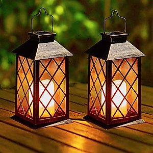 Solar Lantern Lights Hanging Lanterns Outdoor， PVC Waterproof LED Flickering Flameless Candle Decorative Solar Lantern, for Patio Courtyard Garden (2 Pack)
