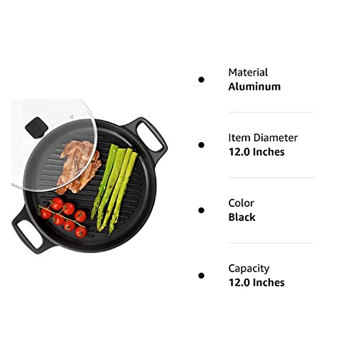 S·KITCHN Cast Aluminum Griddle Pan for Stovetop with Lid - Lighter than Cast Iron Skillet,Round Frying Pans Nonstick Grill Pan Dishwasher & Oven Safe,12IN