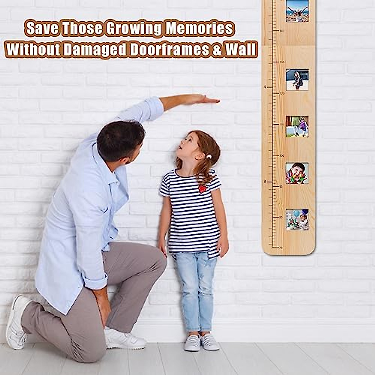 Solid Wood Growth Chart for Kids with Picture Frames, Height Measurement Ruler Milestone Markers, Foldable Kids Height Wall Chart, Birthday Keepsake Gift for Toddlers Boys Girls Room Wall Decor