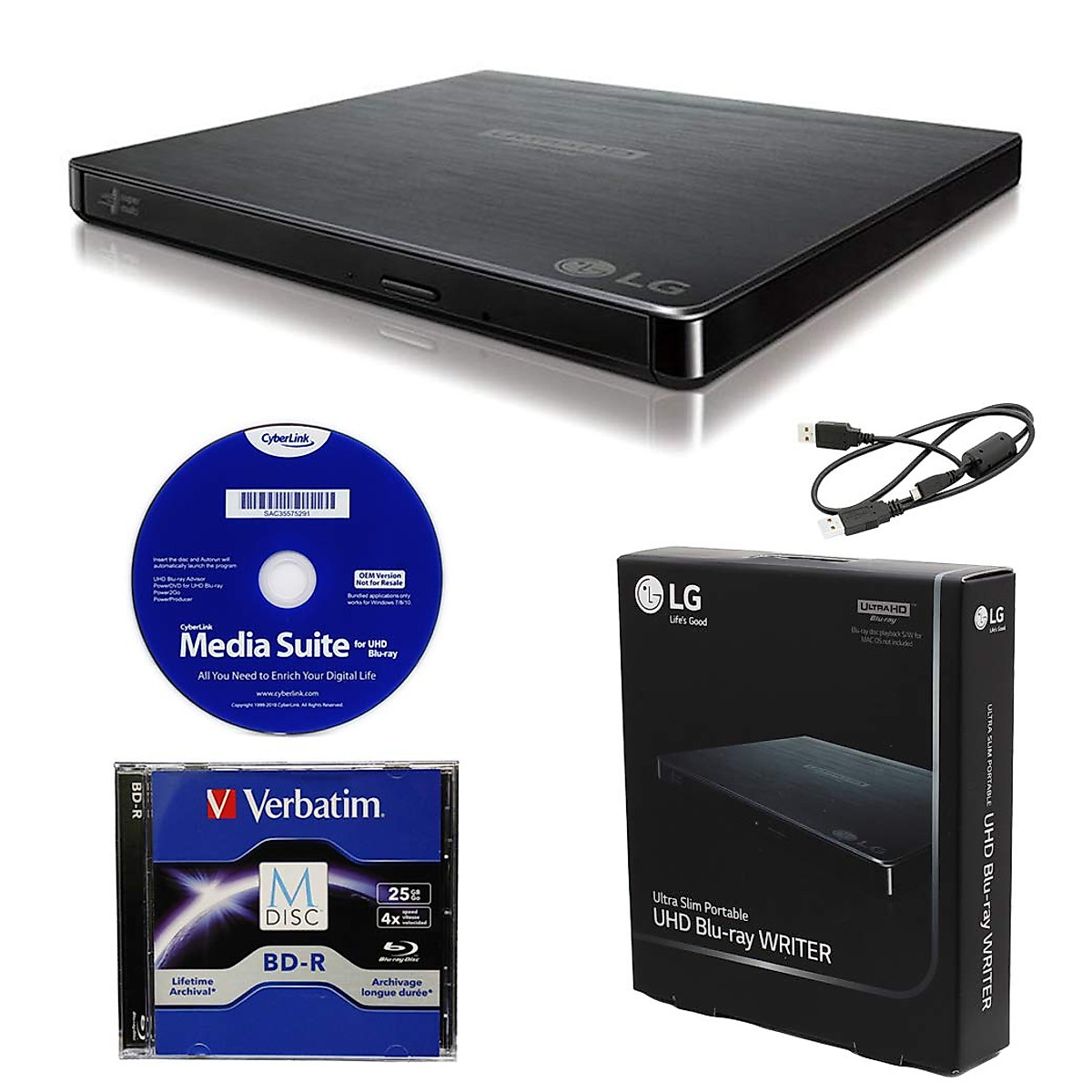 Produplicator LG BP60NB10 Portable 6X Ultra HD 4K Blu-ray Burner External Drive with CyberLink Software, 25GB M-DISC BD-R, and USB Cable - Burns CD DVD BD DL BDXL Discs